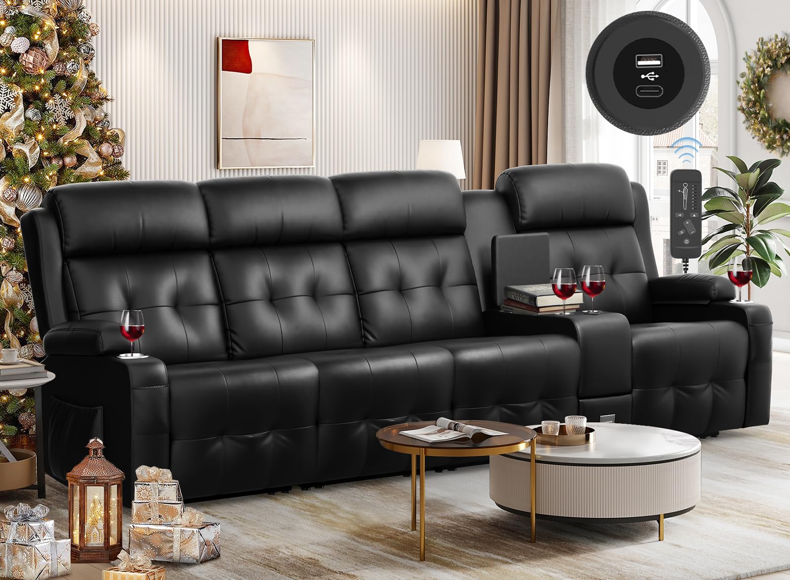 Recliner Sofa, Massage Reclining 4 Seater Sofa Sets Heavy Weight Capacity, RV Loveseat Couch Clearance with Console, USB, Type C Port, Storage, Cup Holders, Wall Hugger Chair for Living Room, Black