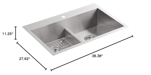 KOHLER Vault 33" Double-Bowl 18-Gauge Stainless Steel Kitchen Sink with Smart Divide with Single Faucet Hole K-3838-1-NA Drop-in or Undermount Installation, 9 Inch Bowl