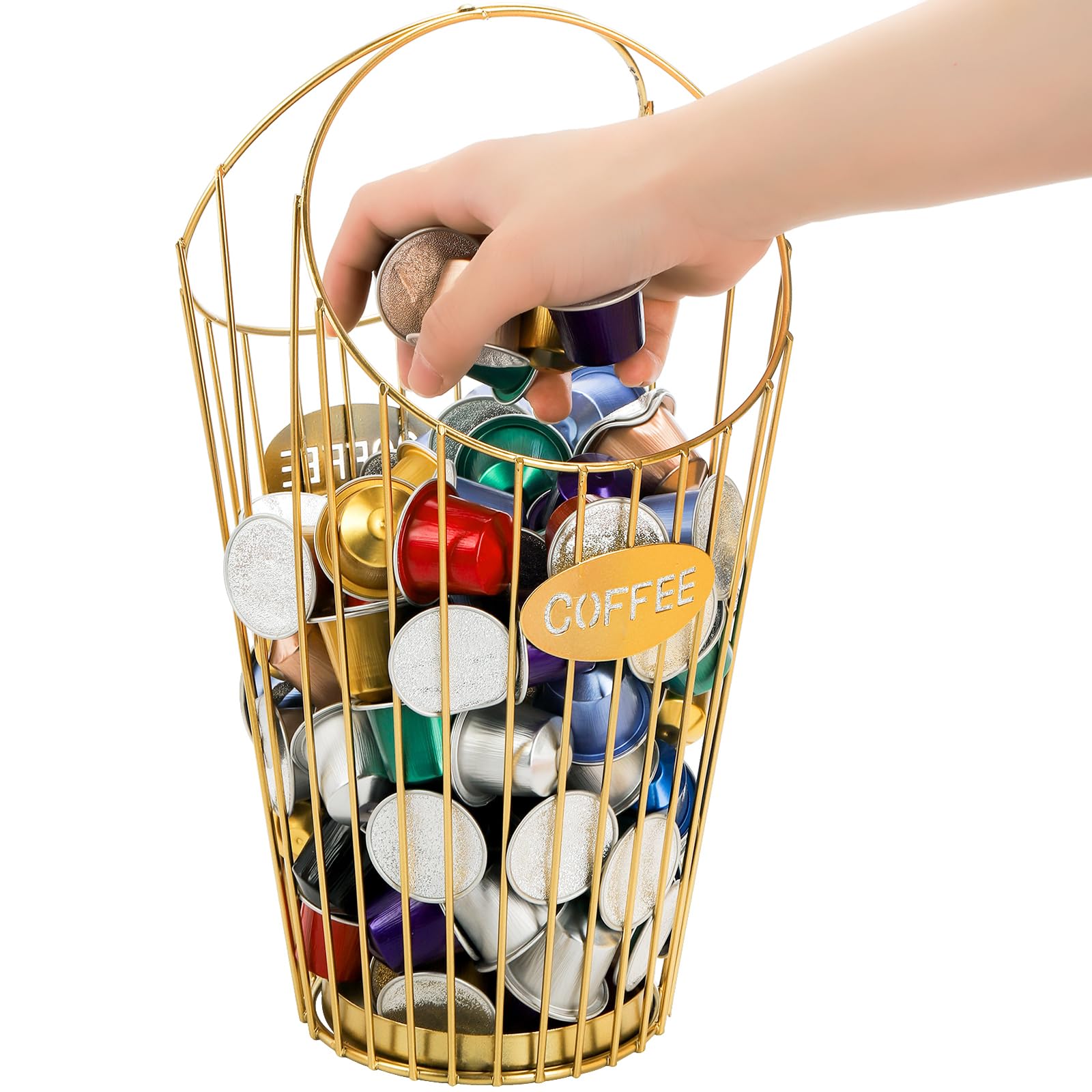 Elsjoy Gold Coffee Pod Holder, 12 Inch Large K Cup Holder Basket Coffee Capsule Storage Holder, Coffee Pod Creamer Storage Organizer for Kitchen, Coffee Bar, Counter