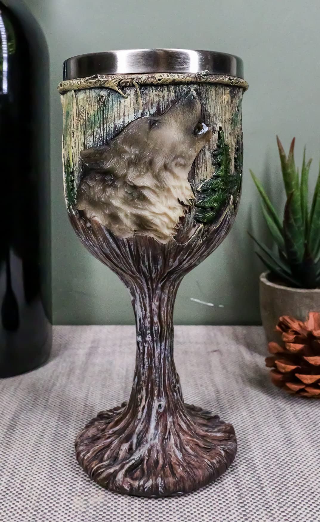 Ebros Gift Mystical Howling Gray Wolf Wine Goblet 7oz Chalice Cup In Rustic Wood Bark Roots Design