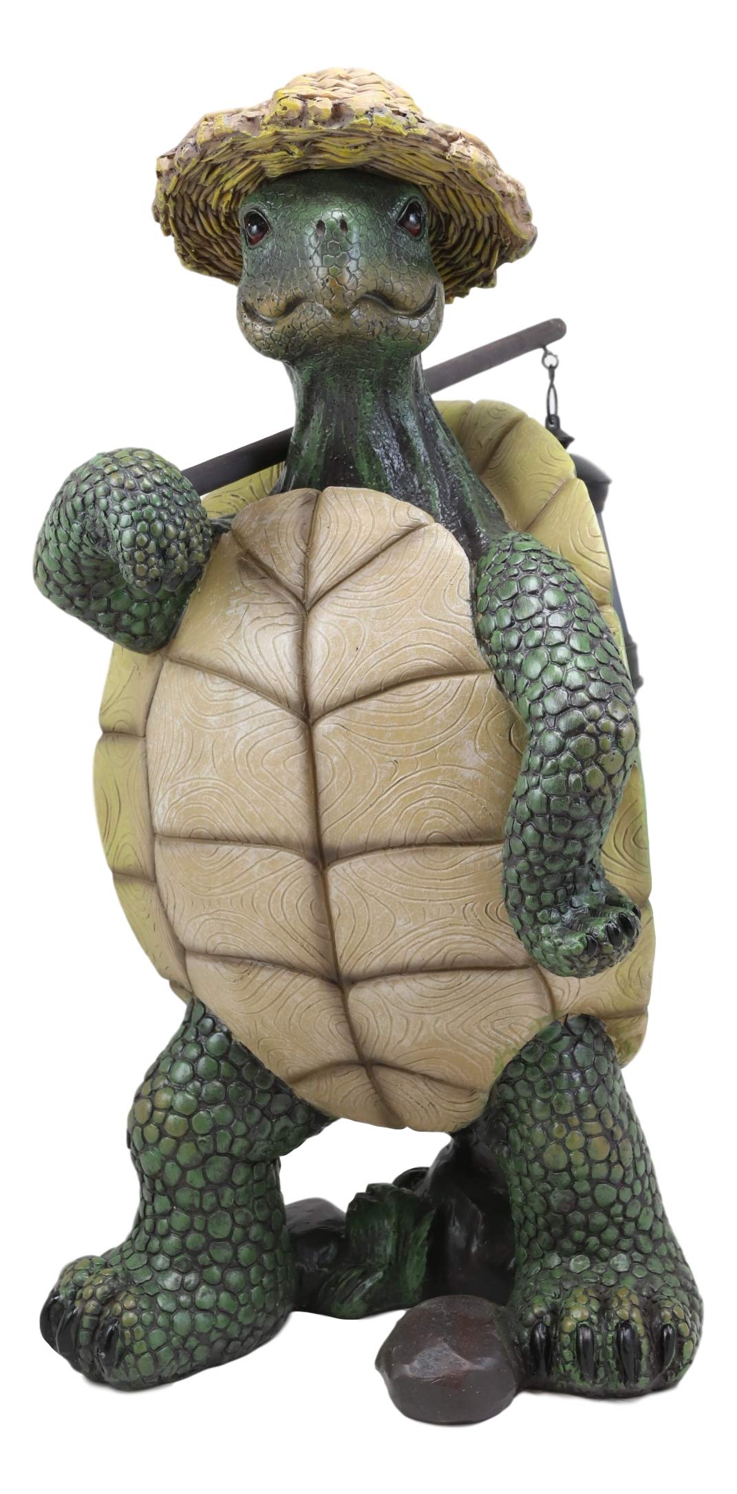 Ebros Gift Nautical Nature Lover Adventure Hiking Tortoise with Straw Hat Statue Carrying Solar Powered Lantern LED Light On A Pole Turtle Garden Yard Pool Patio Deck Home Decorative Accent