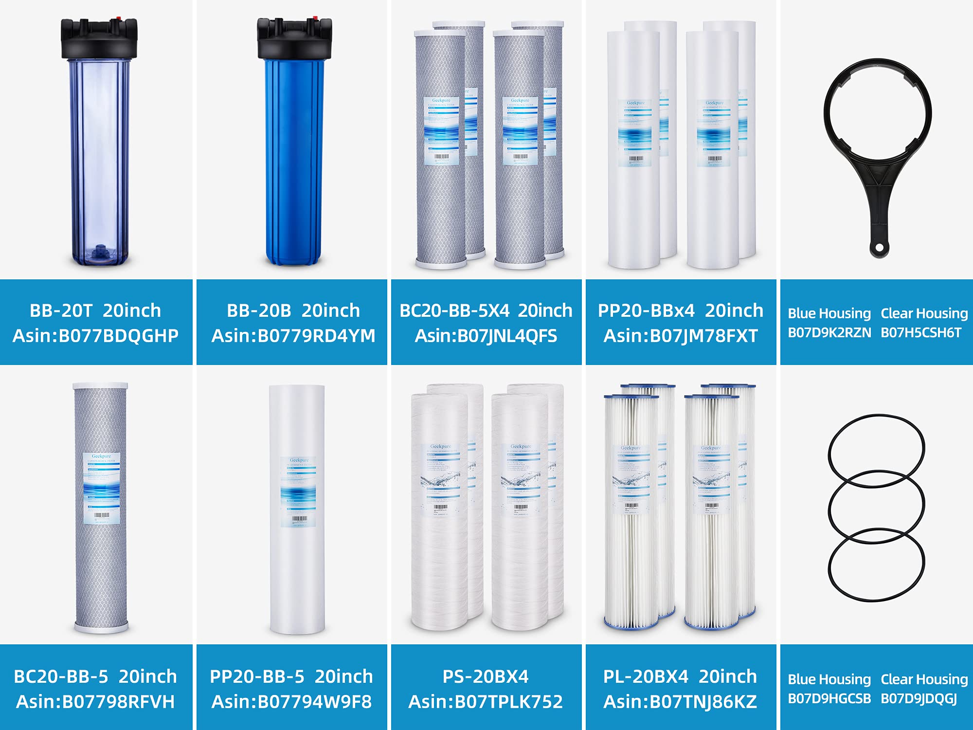 Geekpure 20 Inch Clear Whole House Water Filter Housing with Wrench Bracket -4.5" x 20" - 1" NPT Brass Port (3)