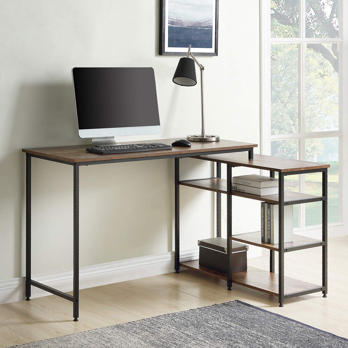 Henf L-Shaped Computer Desk, Industrial Rustic Wood and Metal Office Desk Writing Table with Storage Shelves, Left or Right Set Up Corner Desk Study Table for Home Office, Brown