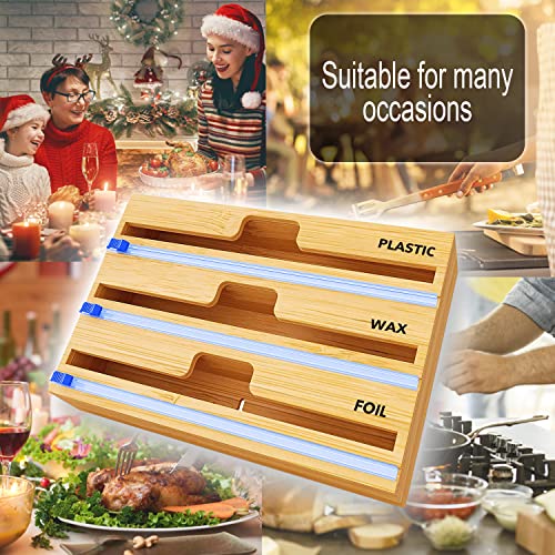Tuipm Wrap Dispenser with Cutter, Plastic Wrap, Aluminum Foil and Wax Paper Dispenser for Kitchen Drawer, Bamboo Roll Organizer Holder, 3 in 1 Wrap Dispenser Compatible with 12" Roll
