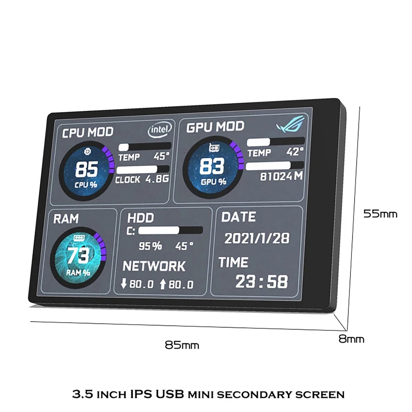 iFCOW Computer Temperature Monitor, PC Temperature Display, 3. 5in IPS USB Mini Secondary Screen CPU GPU RAM HDD Monitor USB Display