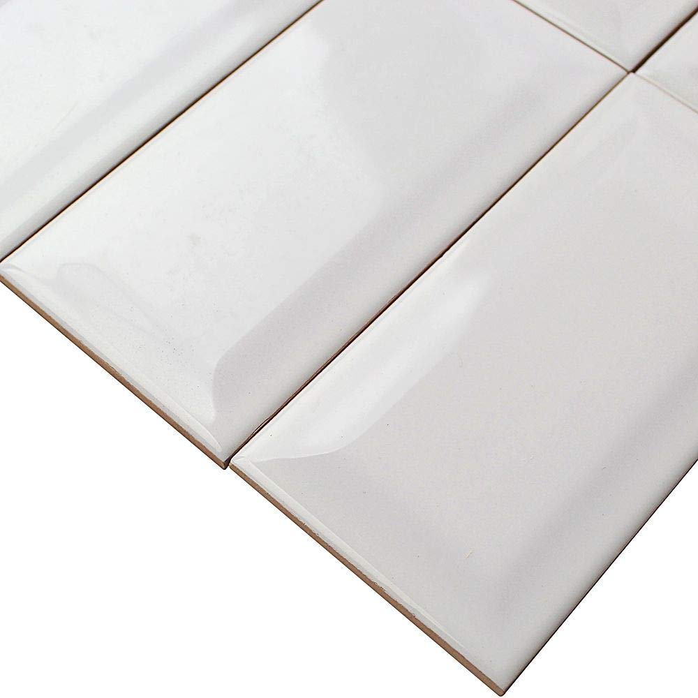 Essential White Beveled 3 in. x 6 in. Polished Ceramic Subway Wall Tile Sample