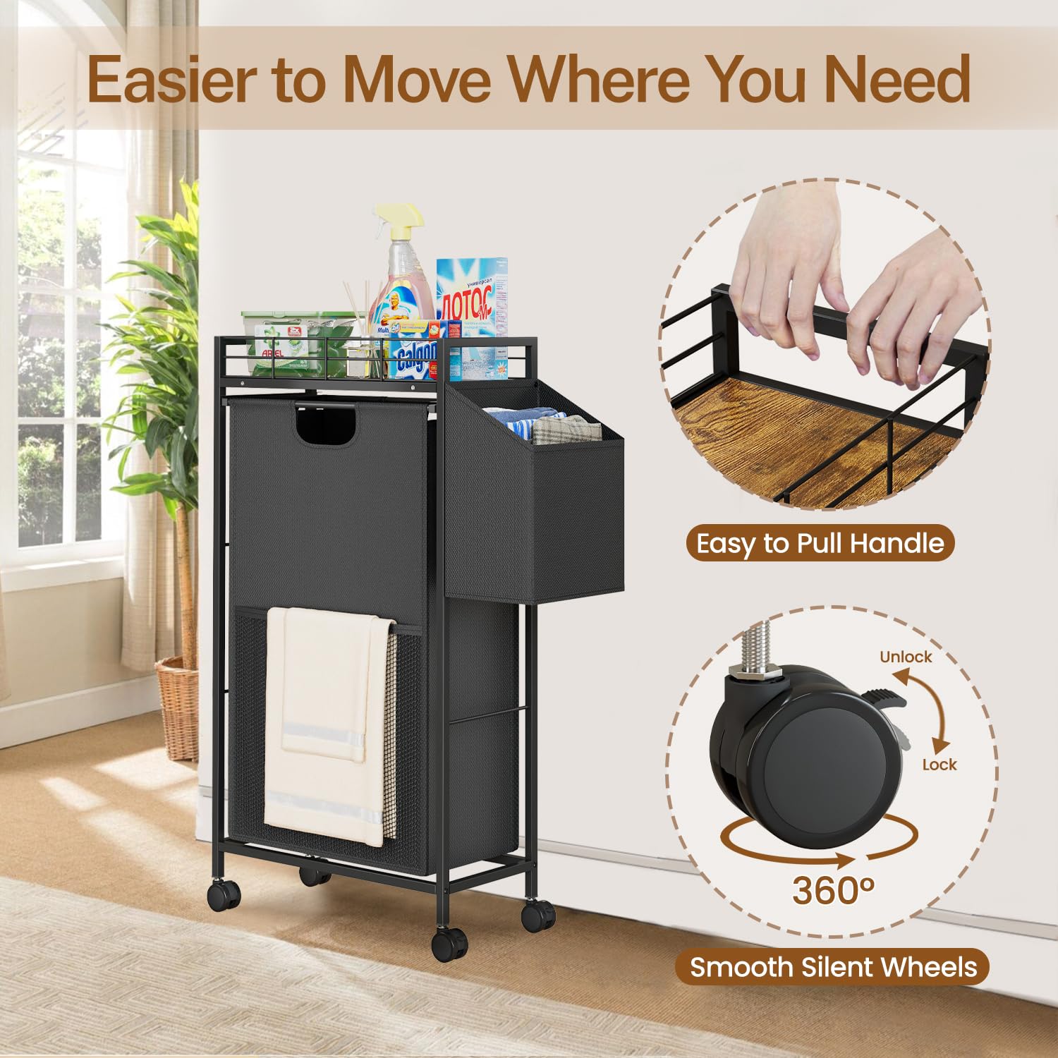 LASZOLA Slim Laundry Hamper with Wheels & Lid, 52L Thin Narrow Laundry Basket with Handle for Small Spaces, Tall Rolling Skinny Clothes Hamper with Removable Liner Bag, Side Pockets and Net Bag, Black