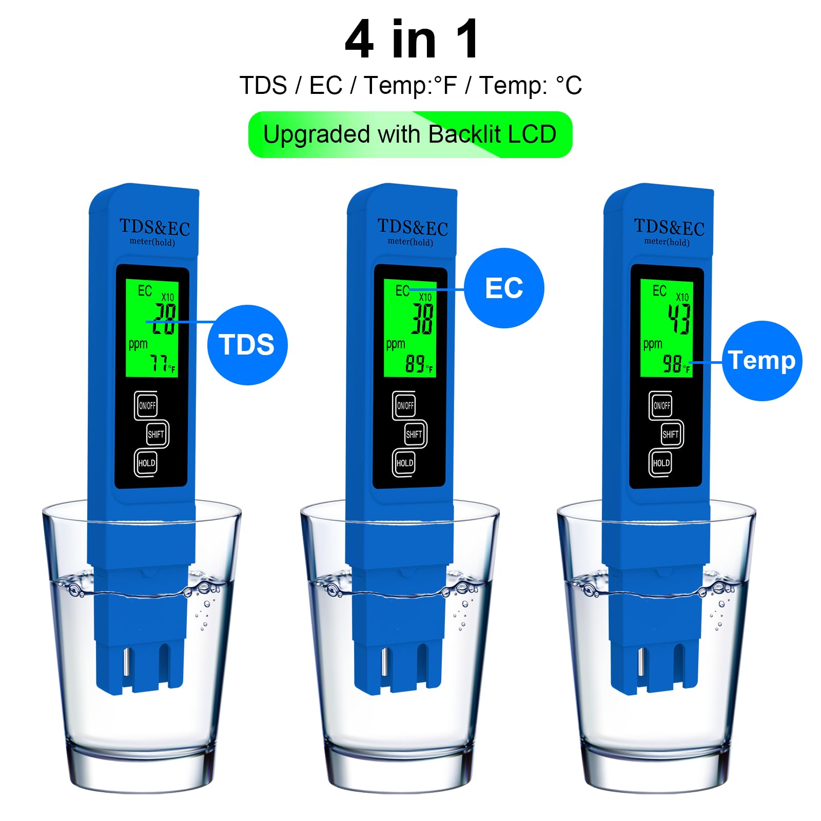 ๐๐จ๐ฌ๐ญ ๐๐๐๐ฎ๐ซ๐๐ญ๐ ๐๐จ ๐
๐๐ซ 4-in-1 Instant Read TDS Meter - Measures TDS, EC, & Temperature (ยฐC/ยฐF) - Digital Water Testing Kit for Tap, Well, Pool, Hydroponics, Aquarium, RO/DI System -Blue