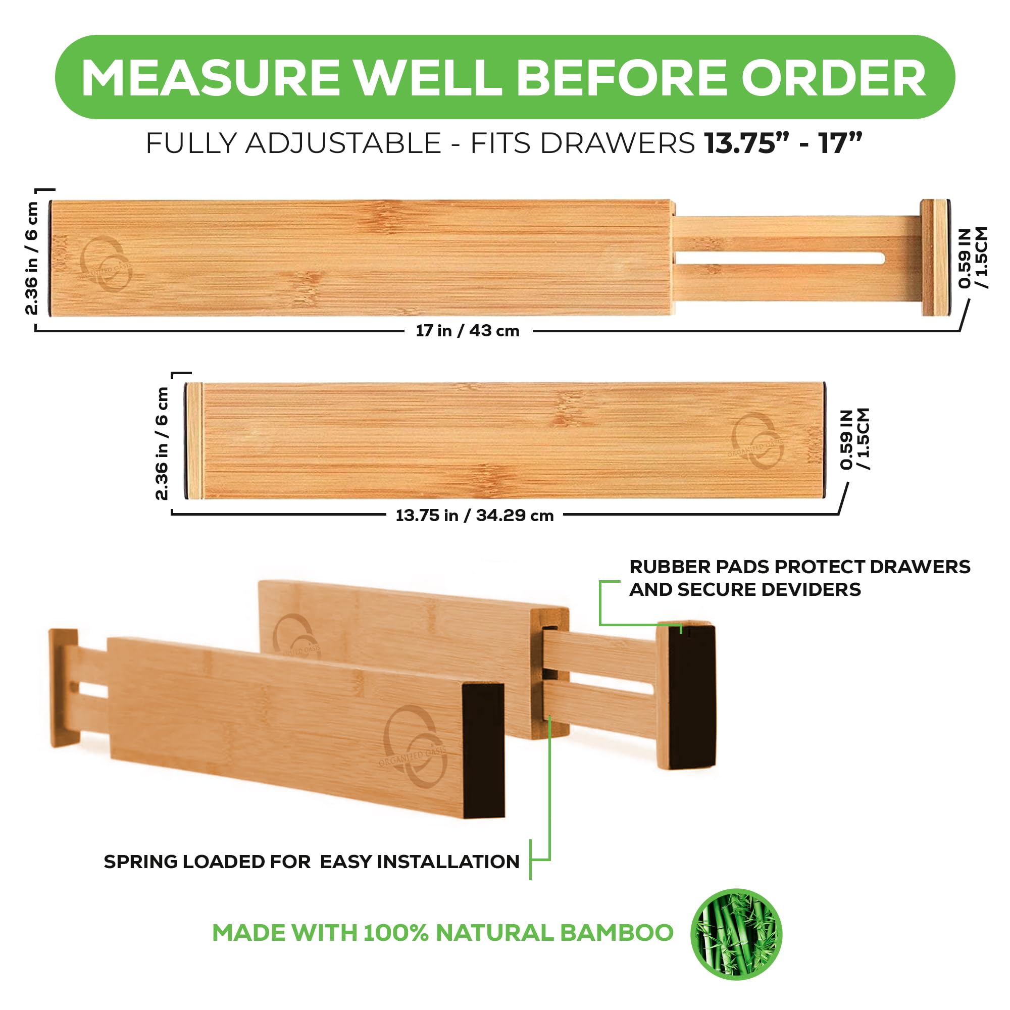 OASIS 4-Pack Bamboo Drawer Dividers Expandable, Kitchen Drawer Organizer, (13.75"- 17") Spring Loaded Drawer Separators, Wooden Drawer Organizer, Adjustable Drawer Dividers for Clothes, Home & Office