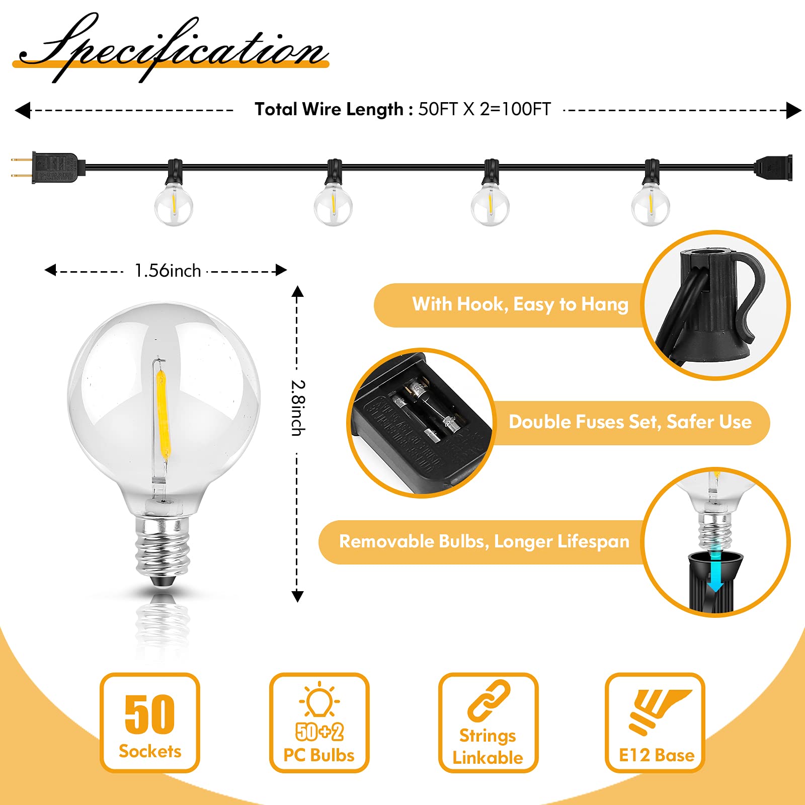 LED Outdoor String Lights 100FT Patio Light with 52 Shatterproof G40 Dimmable Globe Bulb, 2-Pack 50FT Waterproof Outside Hanging String Light for Christmas Backyard Porch Balcony Gazebo Party