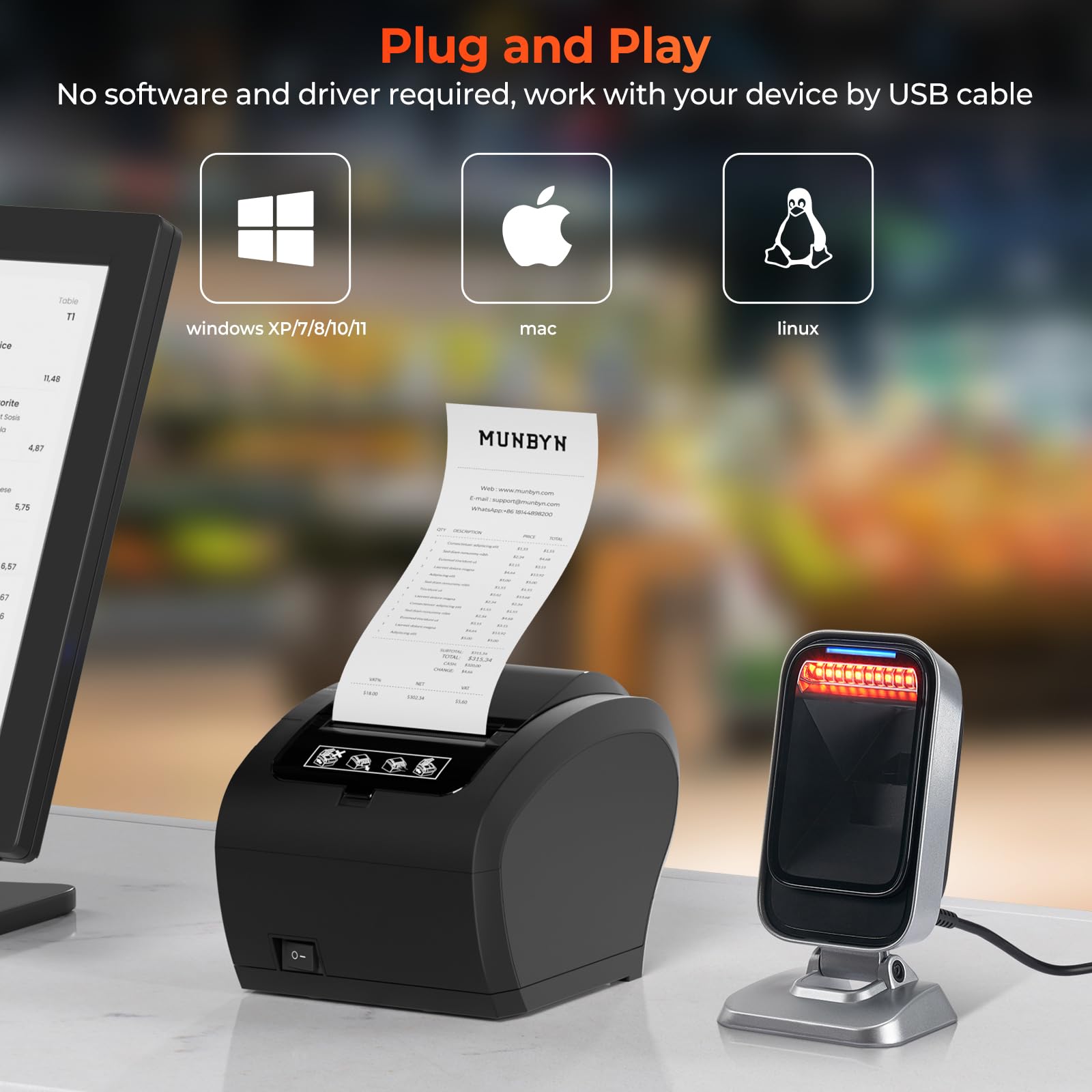 MUNBYN 1D 2D QR Desktop Barcode Scanner Omnidirectional Manual/Automatic Image Sensing Scanner Hands-Free USB Scanner for Windows, Linux, Mac PC for Mobile E-Payment, Supermarket, POS System, Library