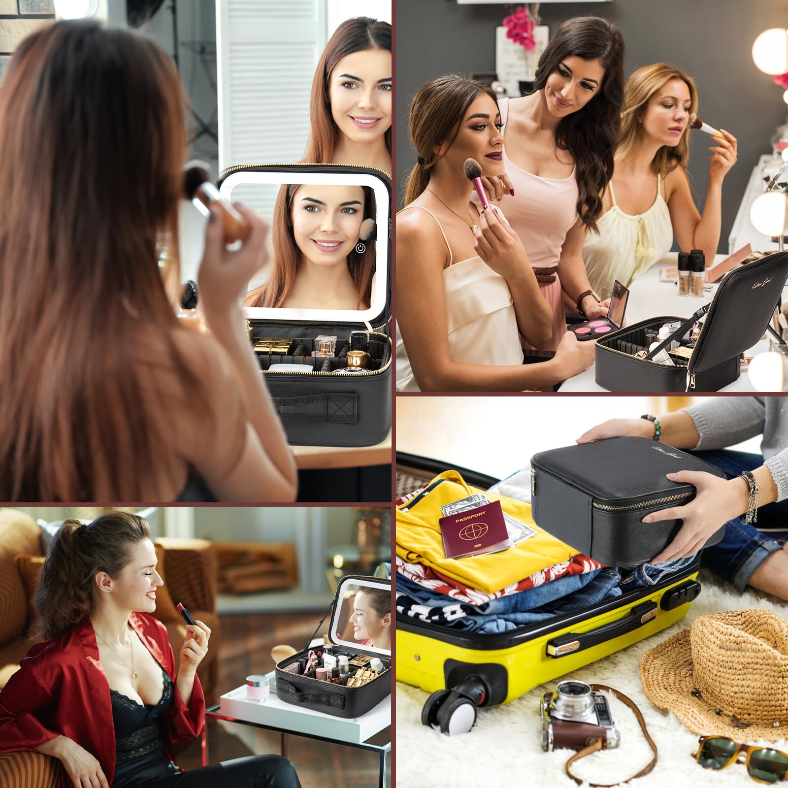 Extrei Gent Makeup Travel Train Case with Mirror LED Light 3 Adjustable Brightness Cosmetic Bag Portable Storage Adjustable Partition Waterproof Brushes Makeup Jewelry Gift for Women, Black