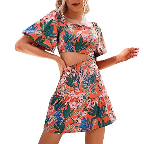 High Slit Women's Square Neck Ruffle Mini Dress Smocked Cut Out Ditsy Floral Backless Puff Short Sleeve Red