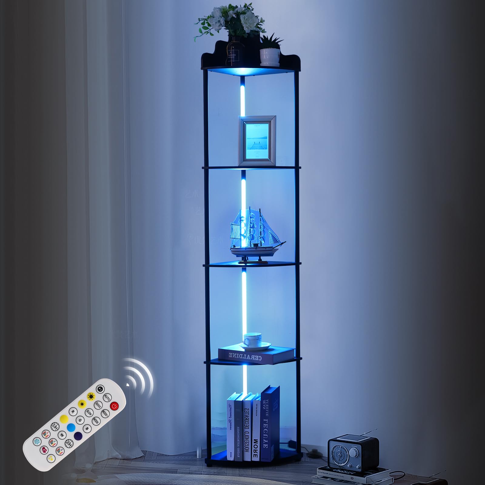 Sierjian 5 Tier Corner Shelf with Light, 70" Tall Corner Bookshelf with Light Display Shelf for Collectibles, Dimmable Tall Floor Light for Living Room, Bedroom, Wood Display Shelf