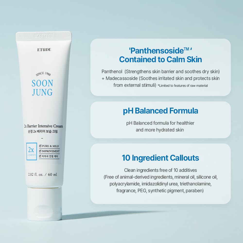 ETUDE House SoonJung 2x Barrier Intensive Cream 60ml (21AD) | Hypoallergenic Shea Butter Hydrating Facial Cream for Sensitive Skin, Water-oil Balance & Panthenol for Damaged Skin | K-beauty