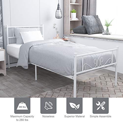 Weehom 12.7 Inch Twin Size Metal Bed Frame with Headboard Platform Bed Steel Slat Support Mattress Foundation Easy Assembly White