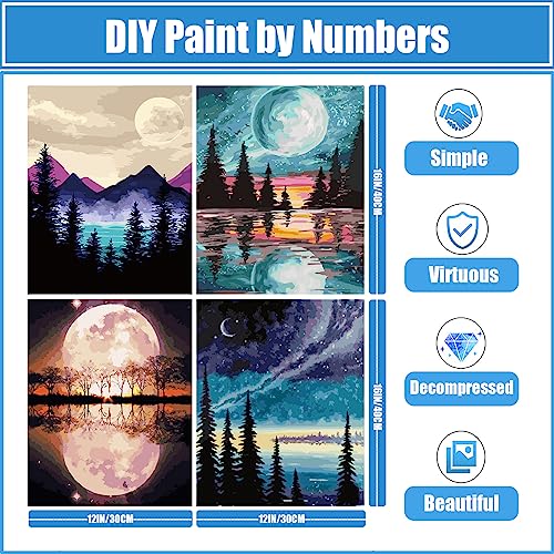Suyaloo 4 Pack Paint by Numbers,Moon Paint by Numbers for Adults Kids Beginner,Landscape Drawing Paintwork with Paintbrushes DIY Acrylic Paint Canvas Oil Painting for Home Wall Decor 12X16Inch
