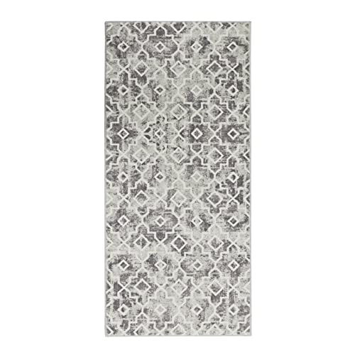 Wonnitar Moroccan Washable Area Rug - 2x3 and 2x4.3 Grey Distressed Entryway Kitchen Rug Non-Slip Modern Geometric Trellis Throw Rug Faux Wool Indoor Floor Carpet for Bedroom Bathroom Laundry