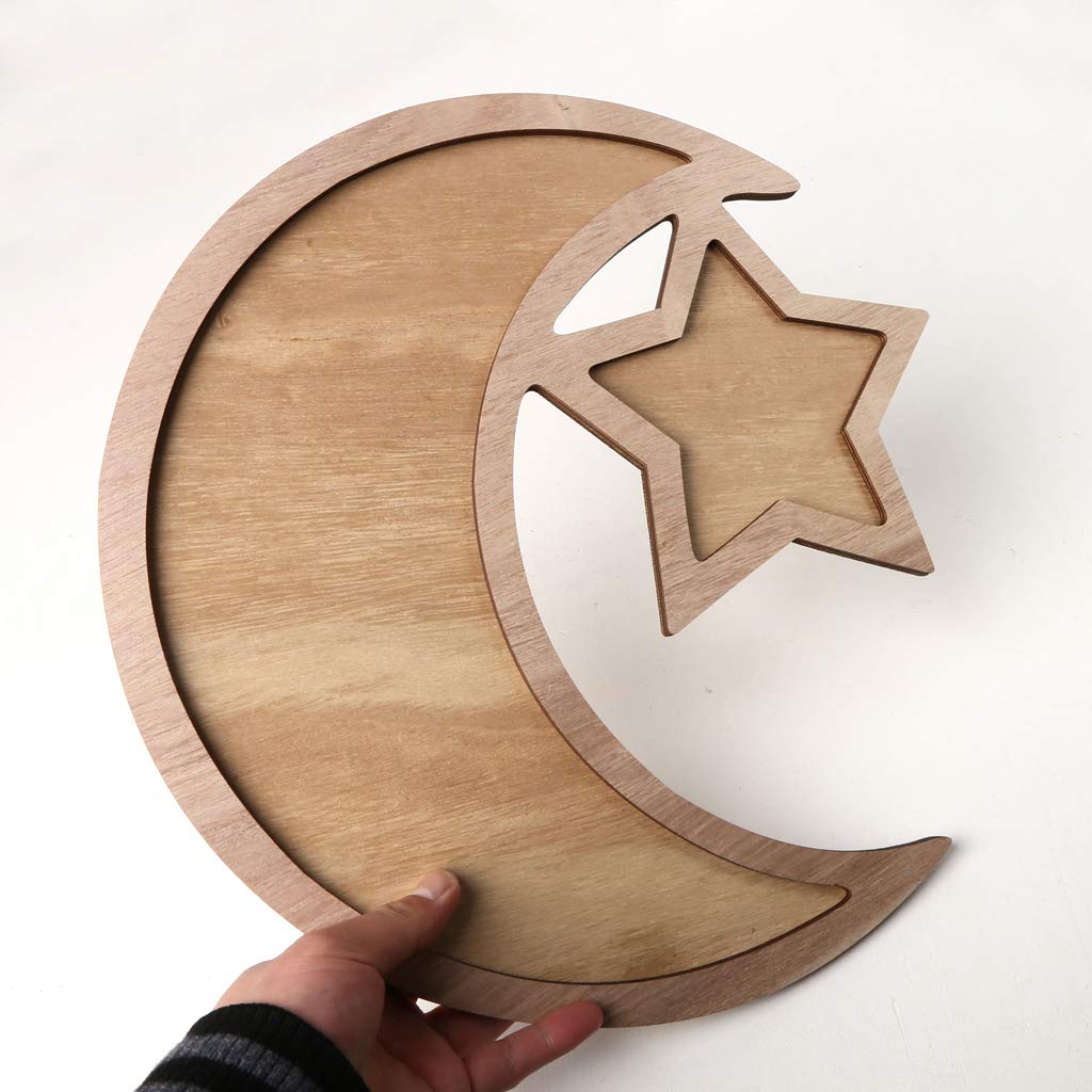 Jilin Rustic Wooden Crescent Moon Srar Eid Ramadan Party Food Serving Tableware Dessert Pastry Tray Display Holder Decor Ornament Eid Mubarak Balloon