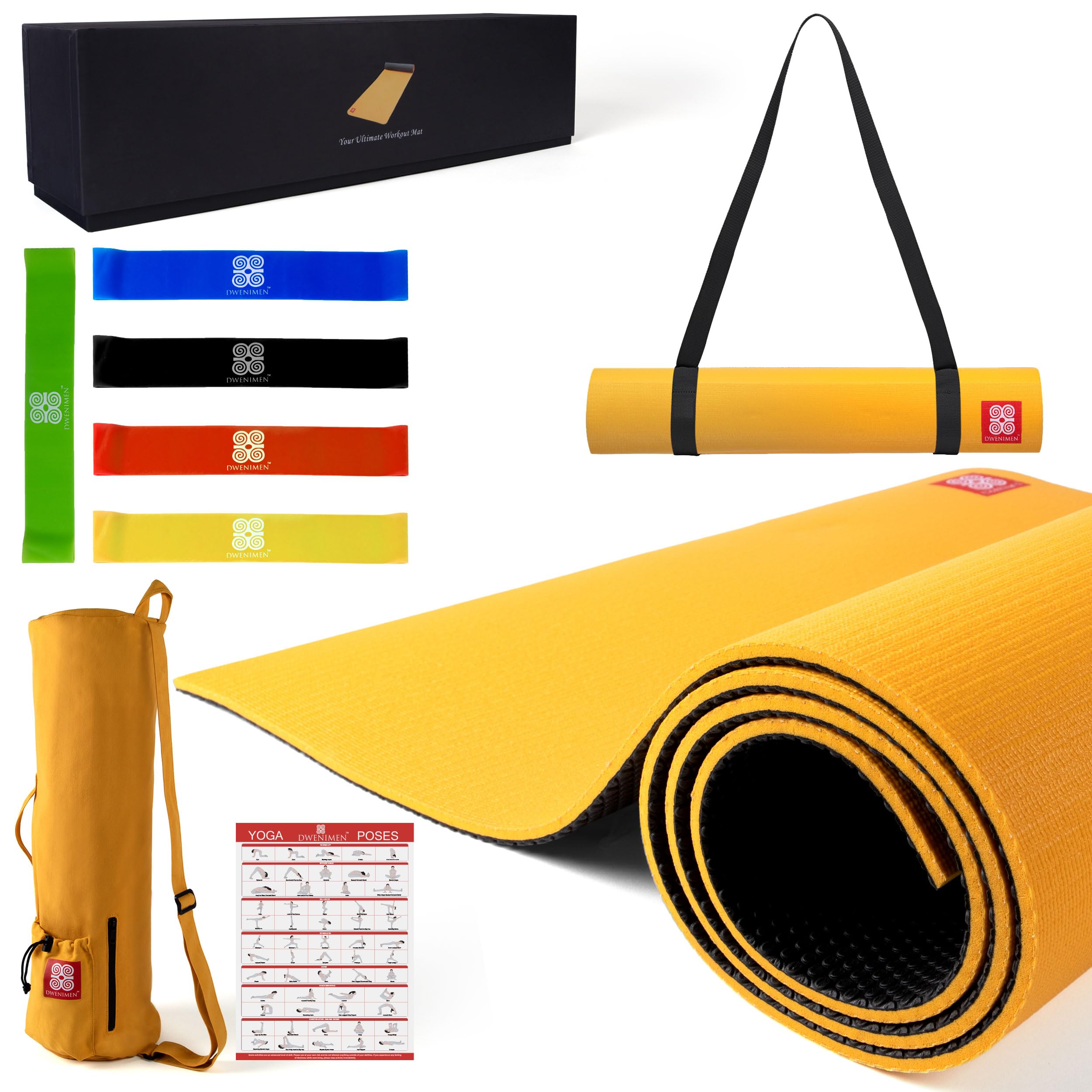 DWENIMEN Elite Pro Large Yoga Mat with yoga pose instructions, carrying bag, yoga mat strap, and latex-free resistance bands - non-slip, dense cushioning for joint support & stability (6MM Thick)
