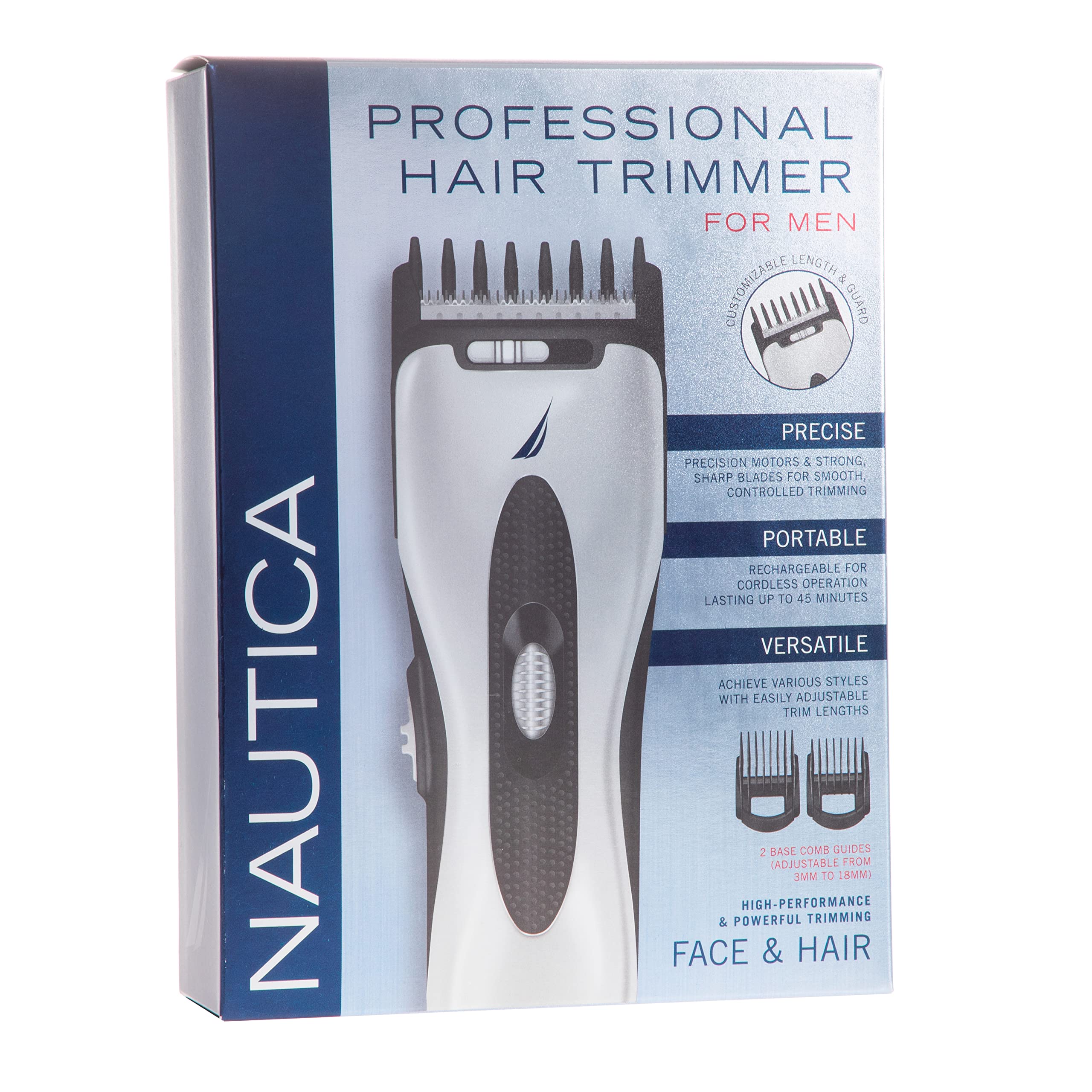 Nautica Men's Grooming Professional Hair Trimmer for Face & Hair w/2 Comb Guides