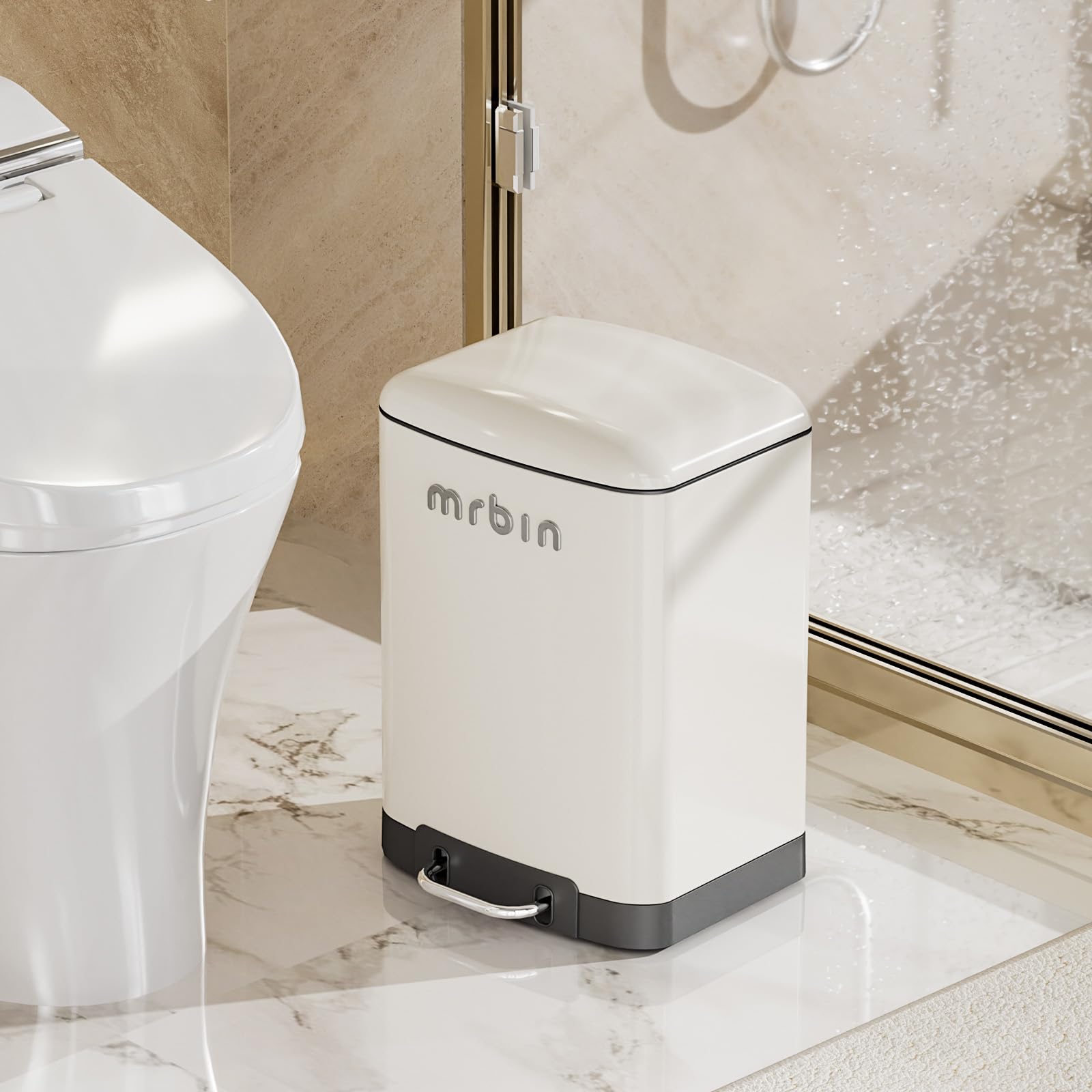 MRBIN Bathroom Trash Can with Lid, Metal Step Kitchen Waste Basket Touchless Soft Close, 20L / 5.2gal Rectangle Garbage Bucket with Stainless Steel Pedal for Office, Bedroom Accessories, White