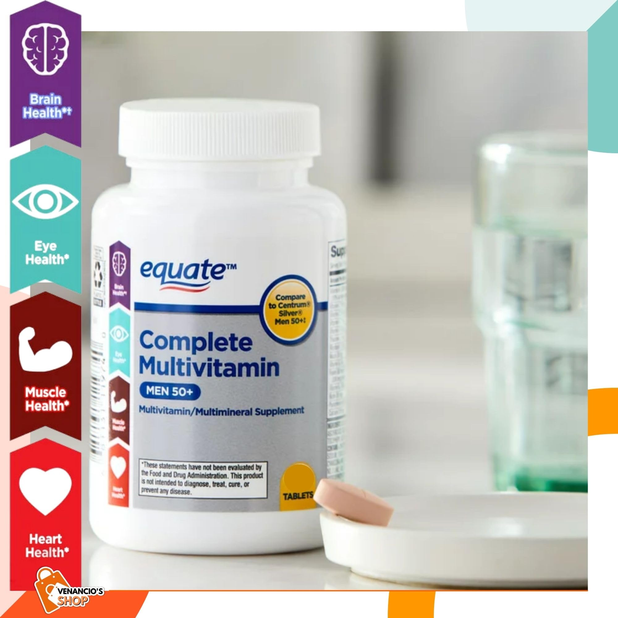 Equate Complete Multivitamin Multimineral Supplement Tablets (Compare to Centrum Silver Men 50+) + Includes Venanciosfridge Sticker (Mens 50+ | 100 Pills)