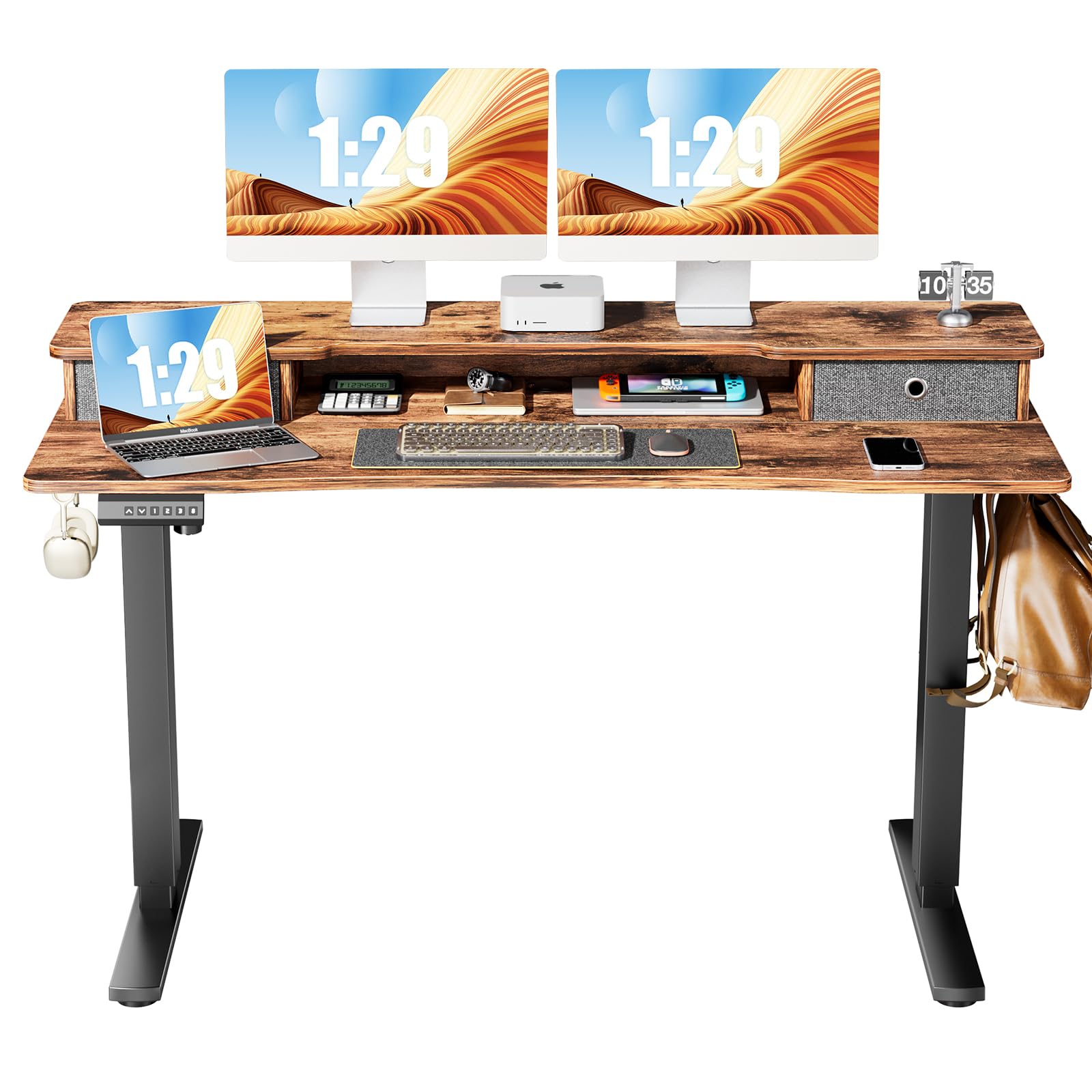 Electric Standing Desk Adjustable Height Stand Up Desk, 55 x 24 Inch Sit Stand Desk Adjustable Desk, Home Office Computer Desk with Storage Shelf, Double Drawer, Splice Board, Rustic Brown Desktop