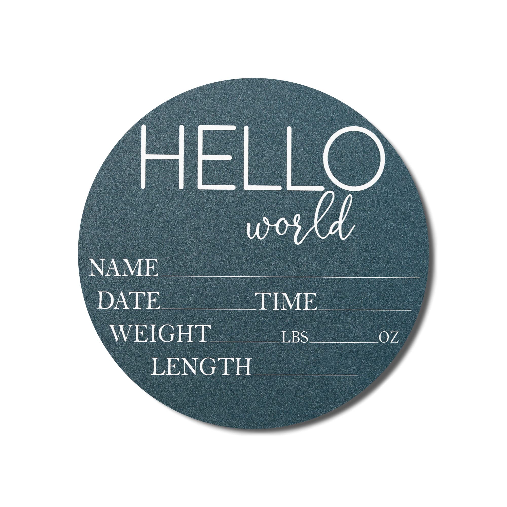 Hickory Hollow Designs - Baby Announcement Sign for Newborn Boys and Girls (Color Bases) - Hello World Nursery Decor Sign & Photo Prop for Babies Made of Birch Wood - 6" Circle Board (Blue)