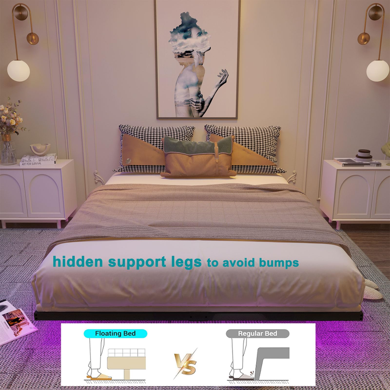 Muluflower Floating Bed Frame Cal King Size with LED Lights, Metal Platform Bed Frame, No Box Spring Needed, Easy Assembly, (Cal King)