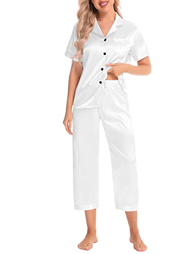 SWOMOG Women Satin Pajama Set Short Sleeve Sleepwear Capri Silk Pjs Set 2 Piece Loungewear Button Down Nightwear with Pockets