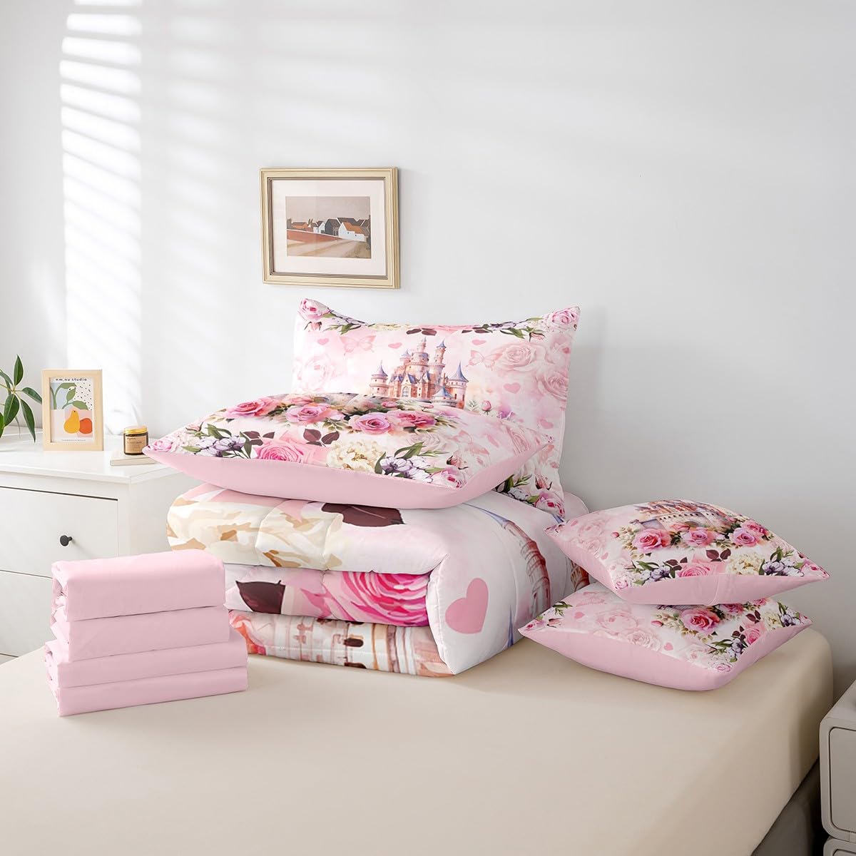 Manfei Girls Princess Full Bedding Set 7 Pieces,Cartoon Castle Pink Comforter Sets,Blooming Flowers Bedding Comforter Sets with 1 Comforter,2 Pillowcases,2 Pillow Covers,1 Flat Sheet,1 Fitted Sheet
