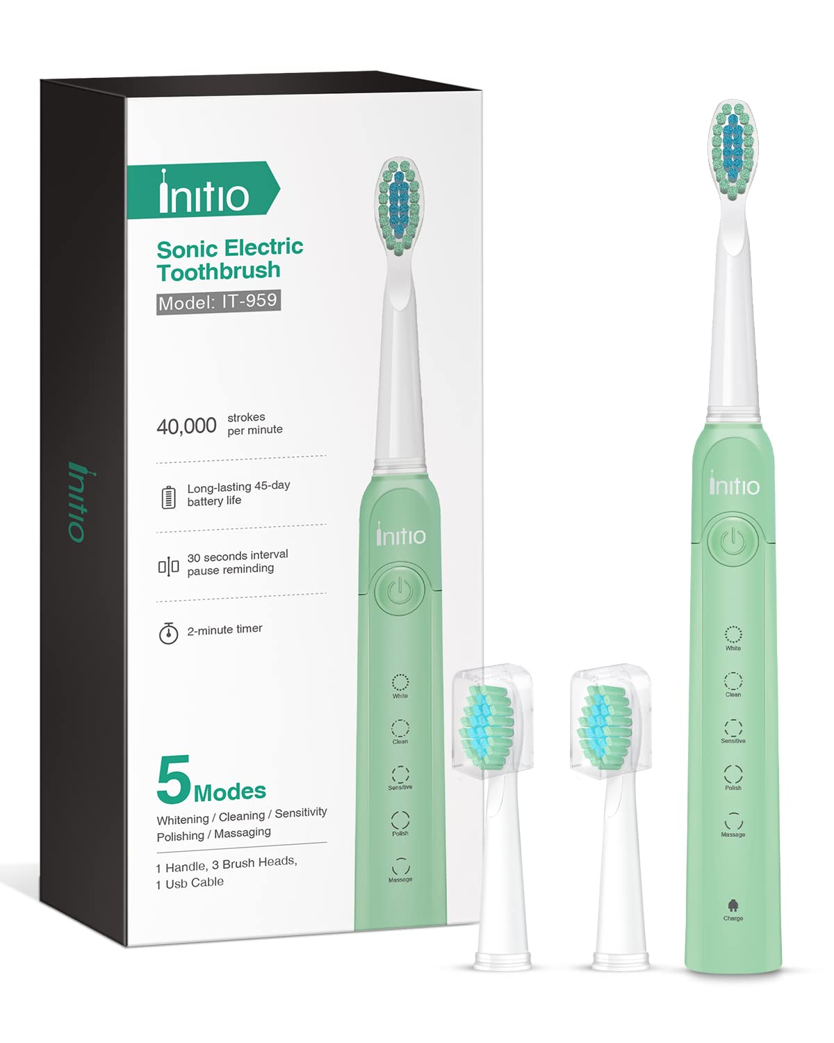 Initio Sonic Electric Toothbrush for Adults Rechargeable Toothbrush with Smart Timer 5 Modes 3 Brush Heads 40,000 VPM Motor Whitening Power Toothbrush IT959 (Mint Green)