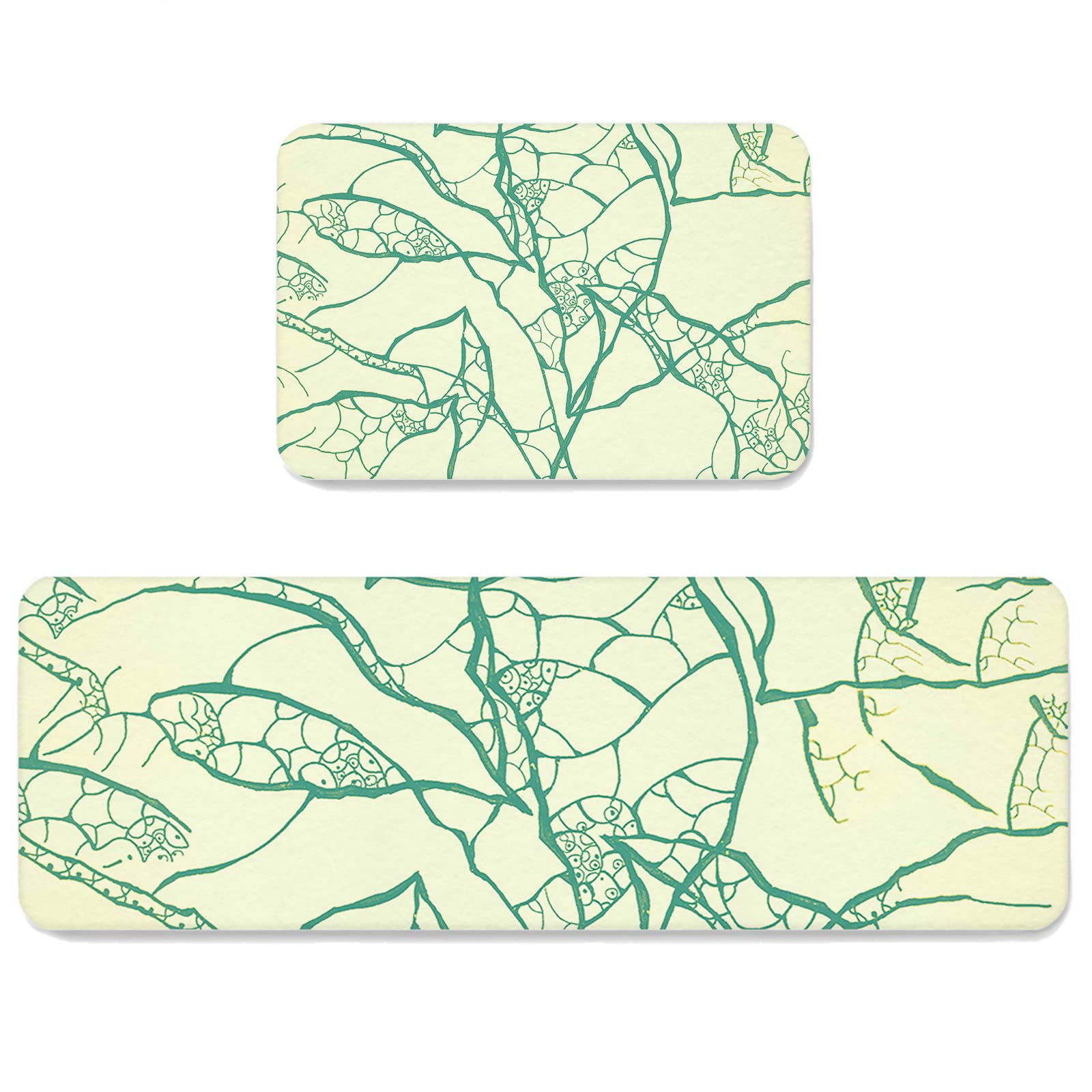 Green Yellow Kitchen Rugs Set of 2 Floor Mats, Abstract Botanical Art Hand Draw Lines Kitchen Rugs and Mats Non Skid, Cushioned Comfort Standing Mats, 24"x36"+24"x71"