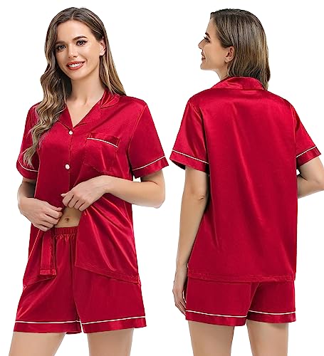 SWOMOG Womens Silk Satin Pajamas Short Sleeve Sleepwear Two-piece Loungewear Button-Down Pj Set Nightwear Red
