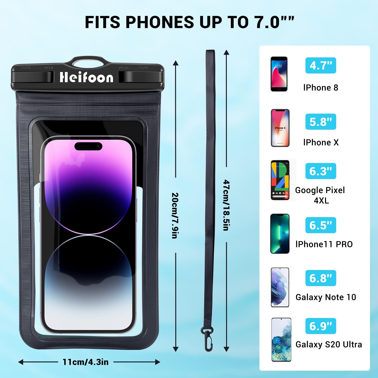 Heifoon Universal Waterproof Phone Pouch Cellphone Dry Bag Case with Lanyard for iPhone 15 14 13 12 Pro Max Xs Max XR X 8 7 6S Plus SE, Galaxy S22 S21 S20 S10 up to 7.0ββ