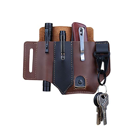 Kosibate EDC Leather Sheath, Multitool Sheath Belt Organizer Pocket for Knife/Flashlight/Tactical Pen/Tools(Brown)