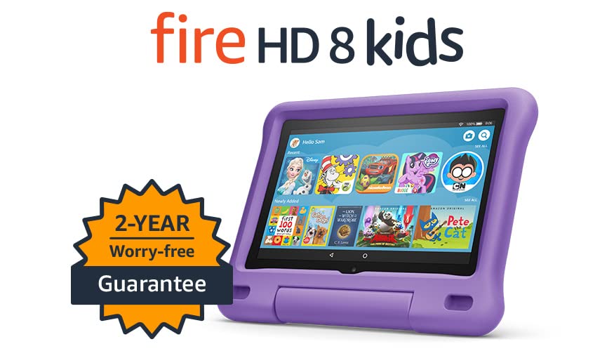 Fire HD 8 Kids tablet, 8" HD display, ages 3-7, 32 GB, includes a 1-year subscription to Amazon Kids+ content, Purple Kid-Proof Case, (2020 release)