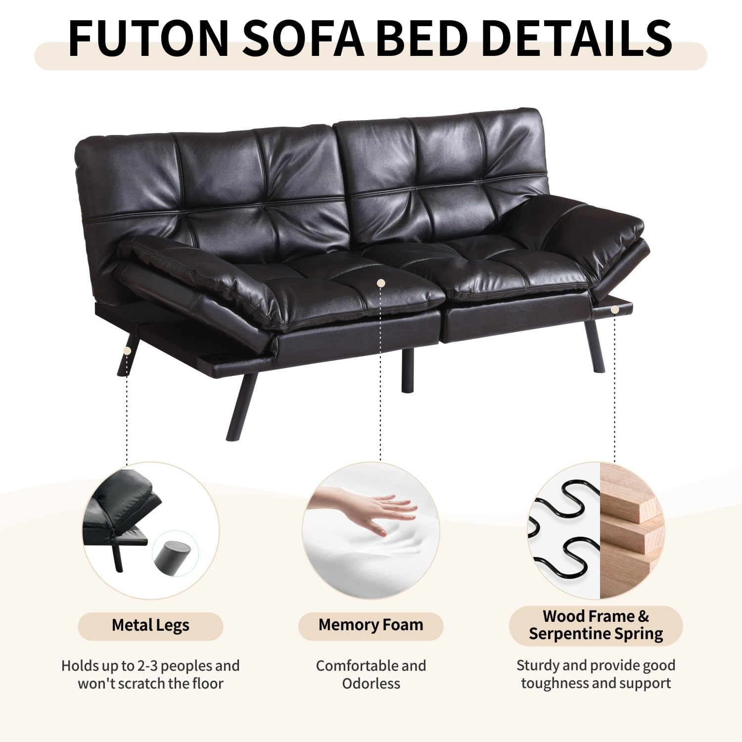 MUUEGM Bed,Convertible Adjustable Memory Foam Futon Couch, Sleeper Living Room Office,Apartment,Small Space Sofas, Light Brown