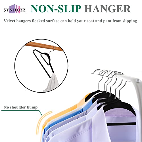Synhozz Premium Black Velvet Hangers 50 Pack Non-Slip Clothes Hangers Ultra Slim & Space Saving - Heavy Duty Velvet Suit Hangers with Tie Bar