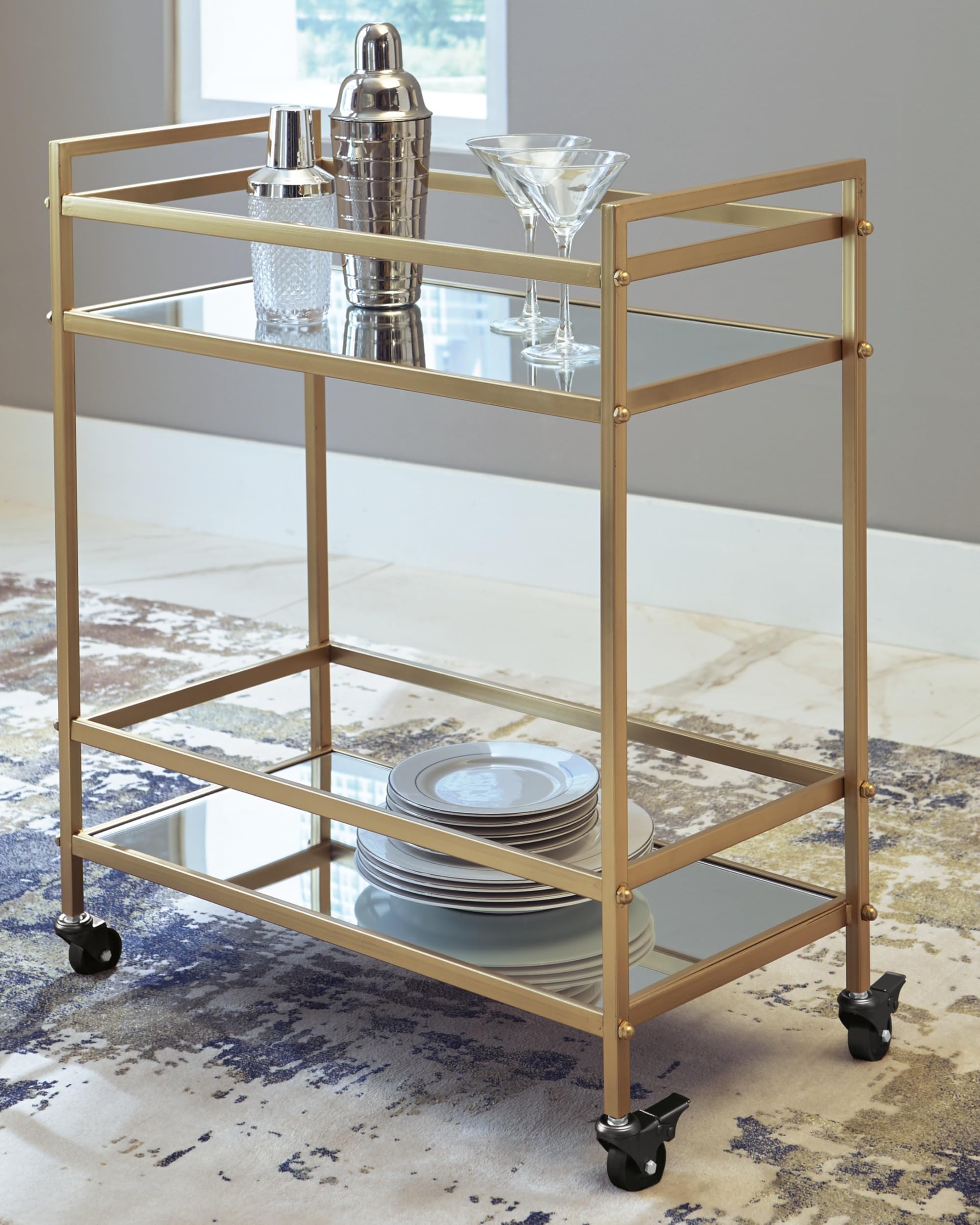 Signature Design by Ashley Kailman Modern Glam Mirrored Metal Bar Cart with Casters, 32", Gold Finish