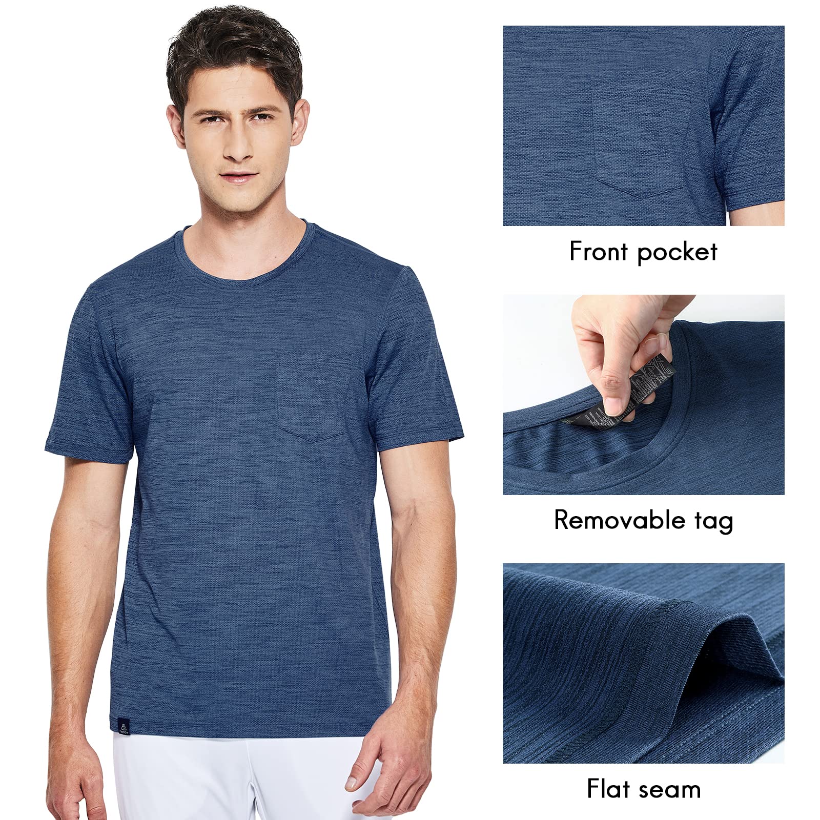 Haimont Mens Lightweight Quick Dry Crew Neck T Shirts with Pocket, Active Running Gym Workout Short Sleeve Tee, Grey, Large
