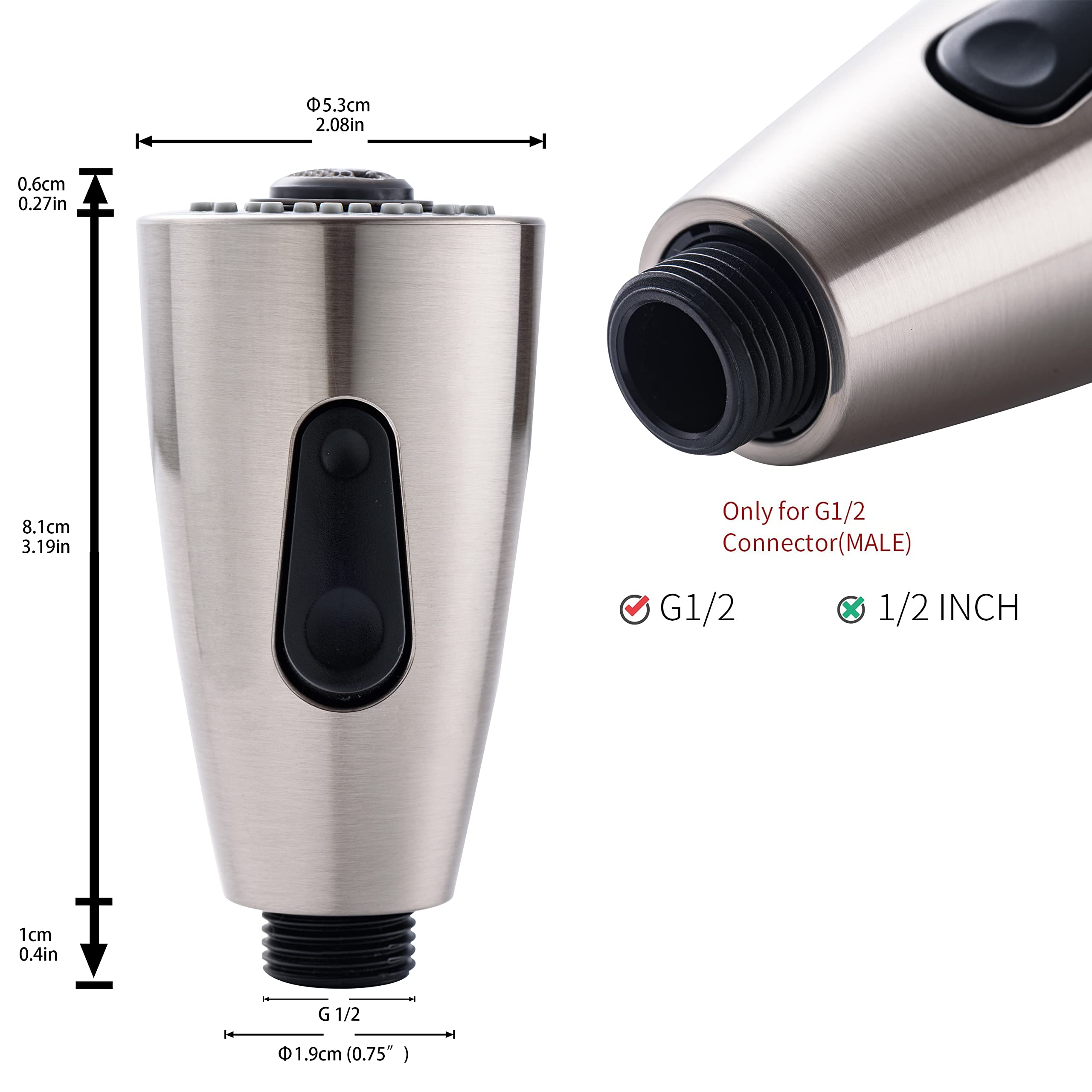 Kitchen Faucet Sprayer Head 3-Function Nozzle Spout G1/2 Connector Pull Down Pull Out Kitchen Tap Hose Sprayer Filter Sink Spray Head Replacement Part Brushed Nickel Black