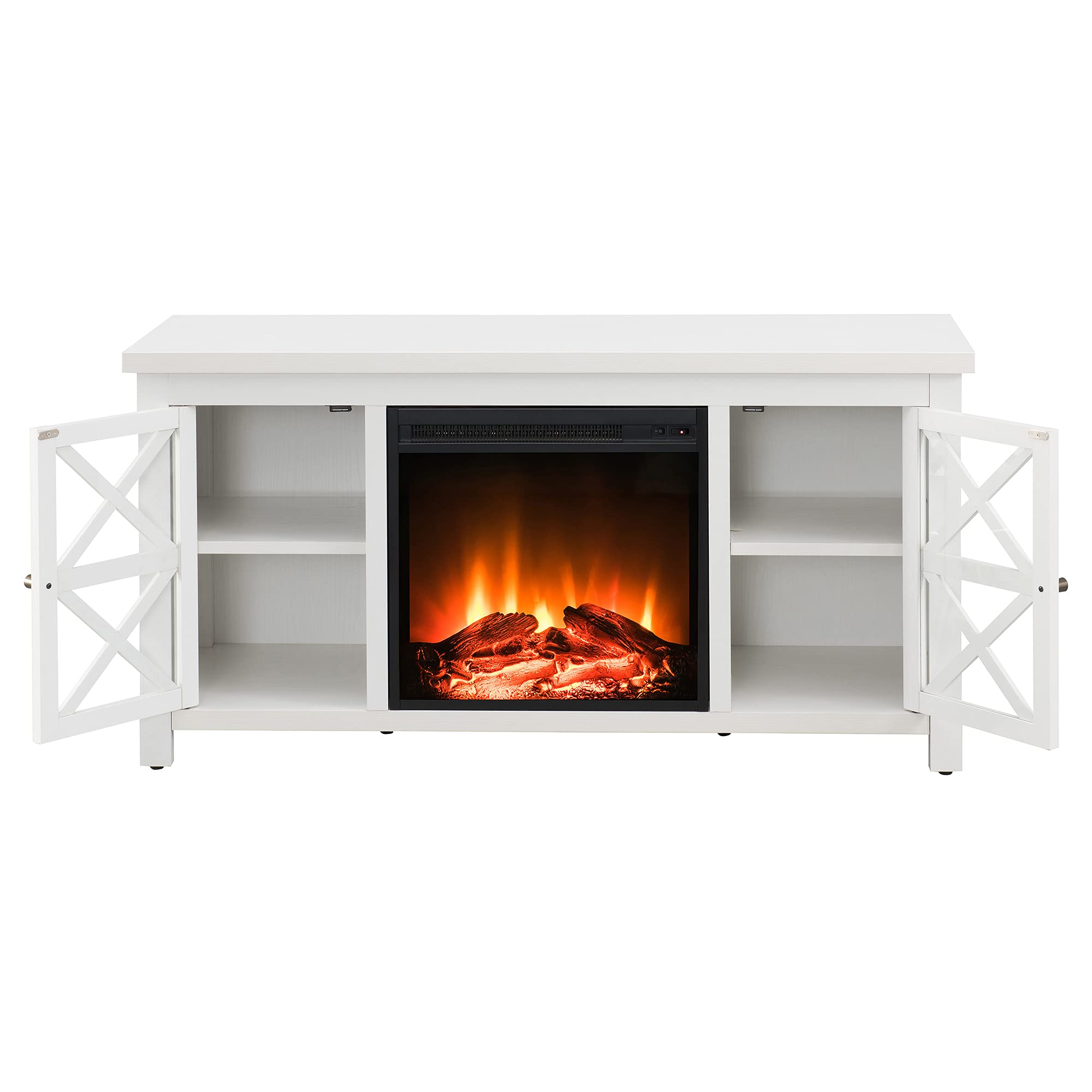 Henn&Hart Rectangular TV Stand with Log Fireplace for TV's up to 55" in White, Electric Fireplace TV Stands for the Living Room
