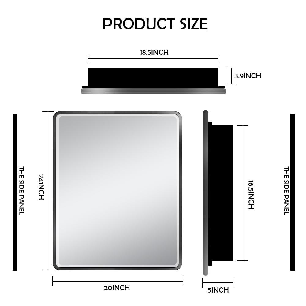 Janboe 20×24inch Medicine Cabinet,Mirror Cabinet with Beveled Mirror,Solf Close Hinge,Brushed Metal Framed,Detachable Side Plate for Recess Mount or Surface Mount,Black