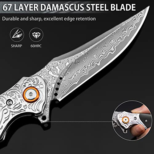 LOTHAR Damascus Pocket Knife for Men, 7.78" VG10 Folding Knife with Retro Leather Sheath,Sandalwood Handle, Classical Bolster, Lanyard Hole, EDC Knife Anniversaries, Christmas, elegant gifts for Men (Black)