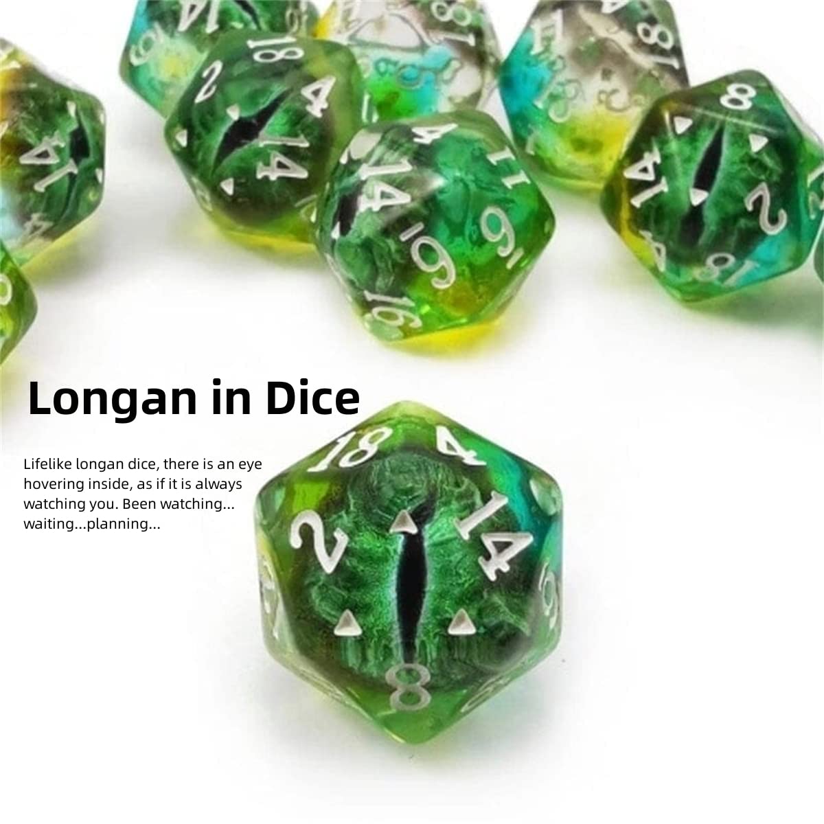 Lifelike Dragon Eye Dice, Demon Eye Dragon Eye Dice,Shinny Dice Set Filled with Eyeball,Chromatic Polyhedral Resin Dragon Eye Dice Set(Green)