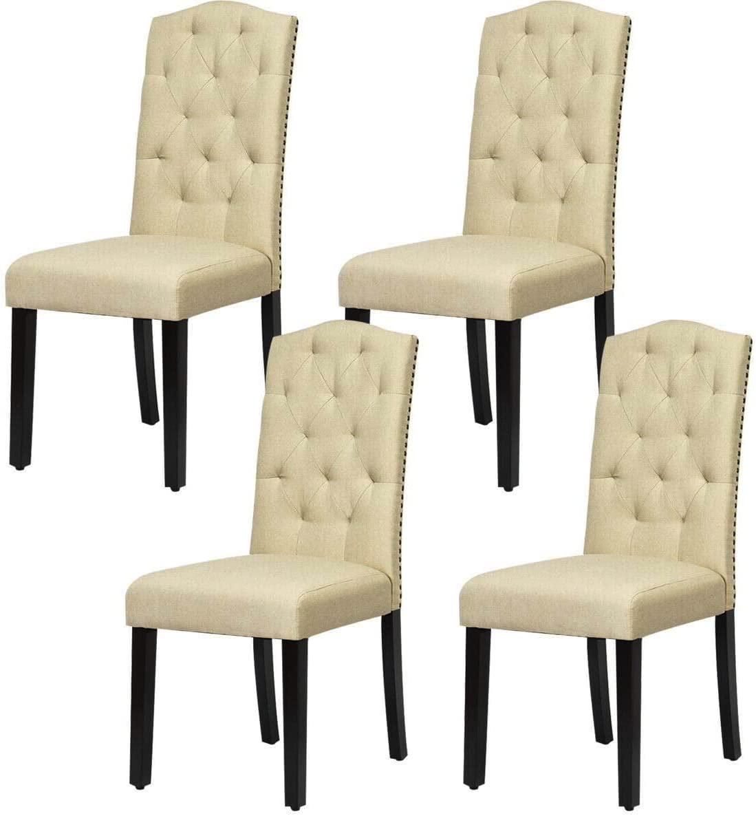 ERGOMASTER Dining Chairs Set of 4 Adjustable Parsons Chairs Anti-Slip Foot Dining-Chair Fabric Kitchen Chair with Solid Wood Legs - Beige