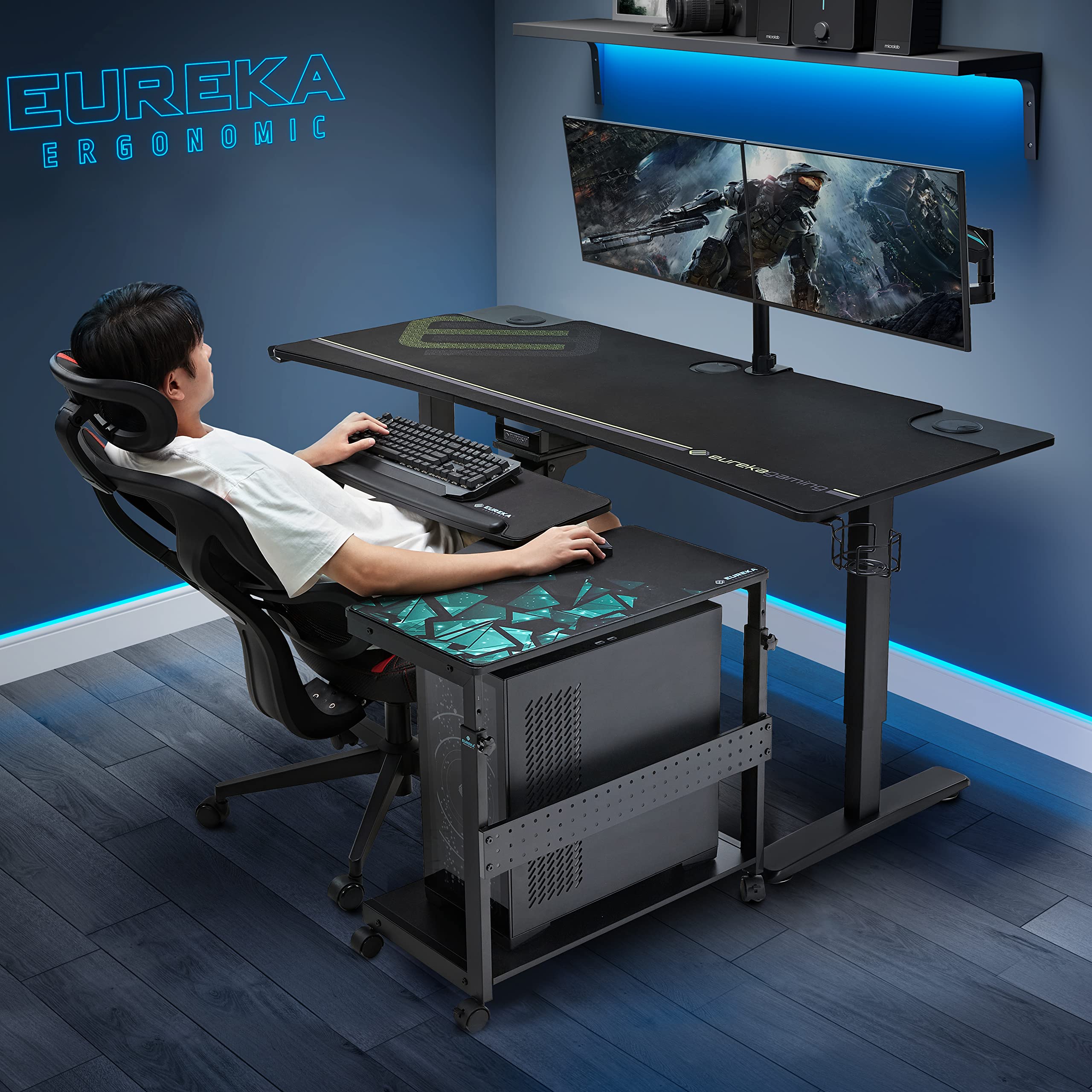 EUREKA ERGONOMIC 60 Inch L60 L Shaped Gaming Desk with Height Adjustable Computer Tower Stand for Home Office Workstation
