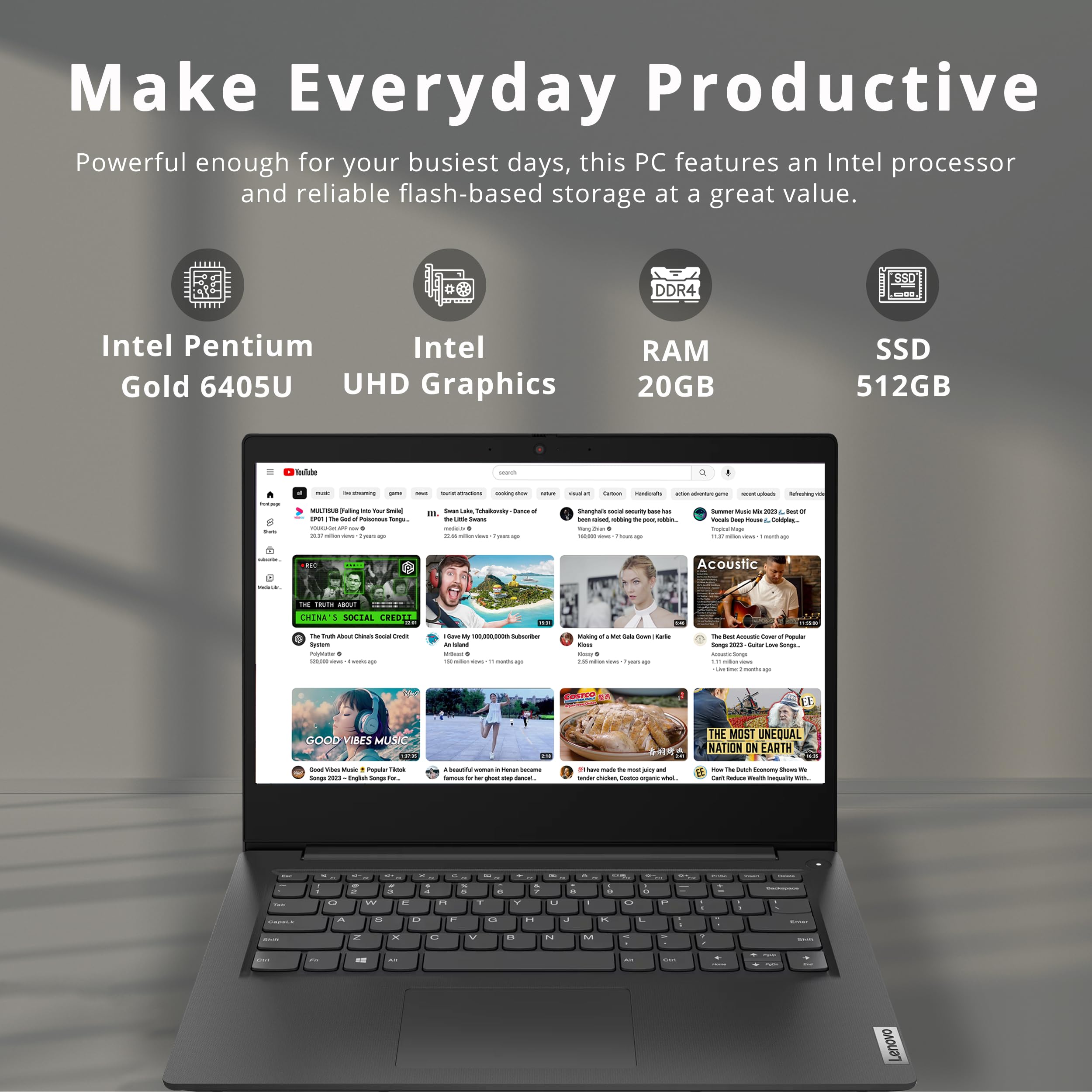 Lenovo Ideapad 3 14" HD Laptop, Intel Pentium Gold 6405U Processor, 20GB RAM, 512GB PCIe SSD, Intel UHD Graphics, Speakers, Webcam, WiFi, Bluetooth, Win 10 S, Black, 32GB Hotface USB Card